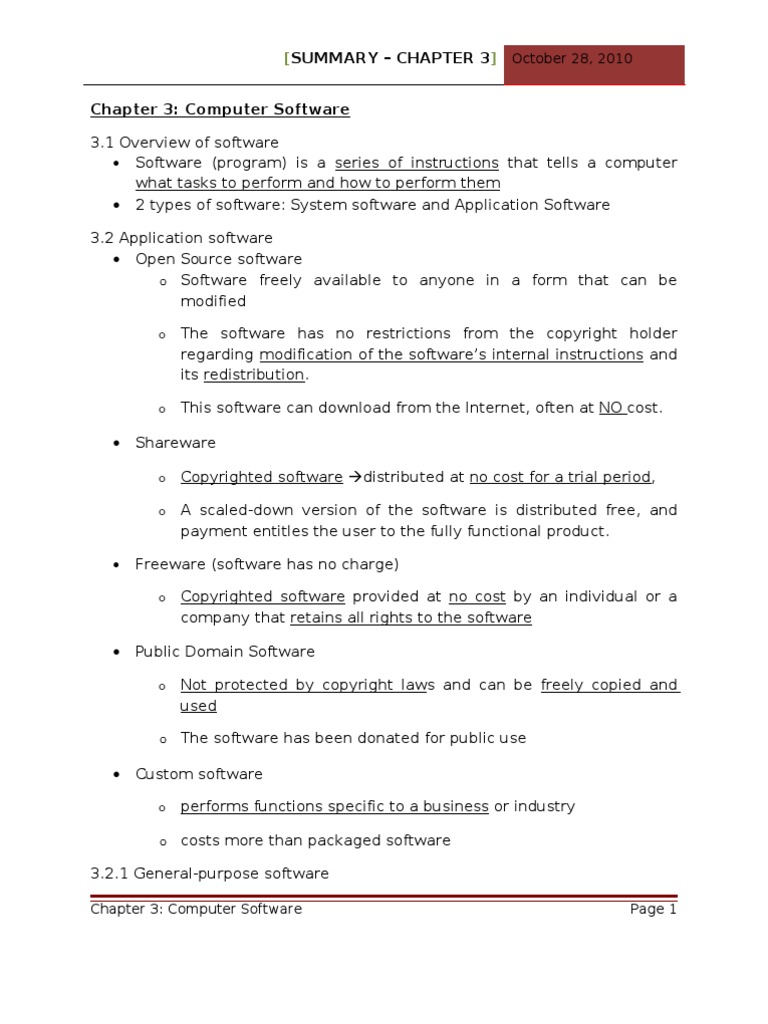 Summary Chapter 3 Chapter 3 Computer Software October 28 2010 Pdf Operating System
