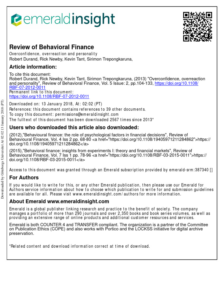 Overconfidence, Overreaction and Personality | PDF | Behavioral ...
