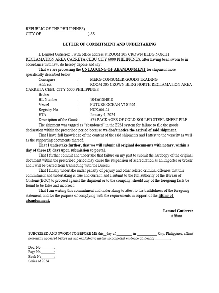 Letter of Commitment and Undertaking | Download Free PDF | Affidavit | Perjury