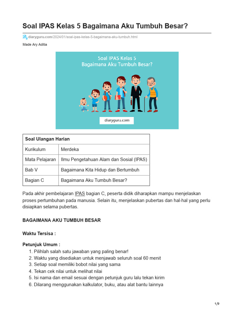Soal IPAS Kelas 5 Bagaimana Aku Tumbuh Besar | PDF