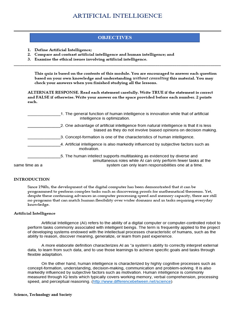 STS Chapter 5 Artificial Intelligence | PDF