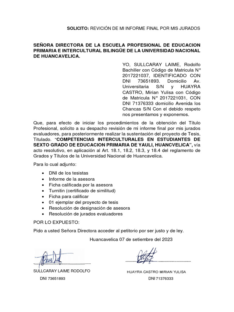 Solicito Revicion de Mi Informe Final Por Mis Jurados | PDF | Hipótesis ...