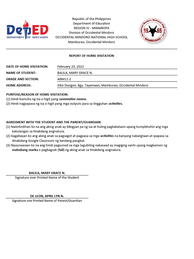 Home Visitation Form | PDF