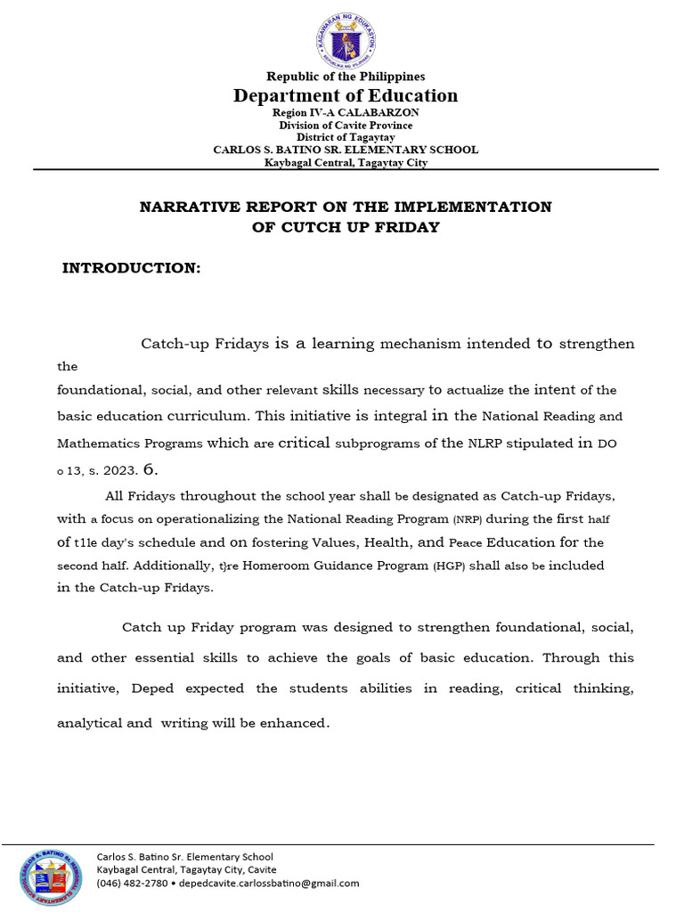 Narrative Report On Implementation of CUF | PDF | Education Theory | Cognition