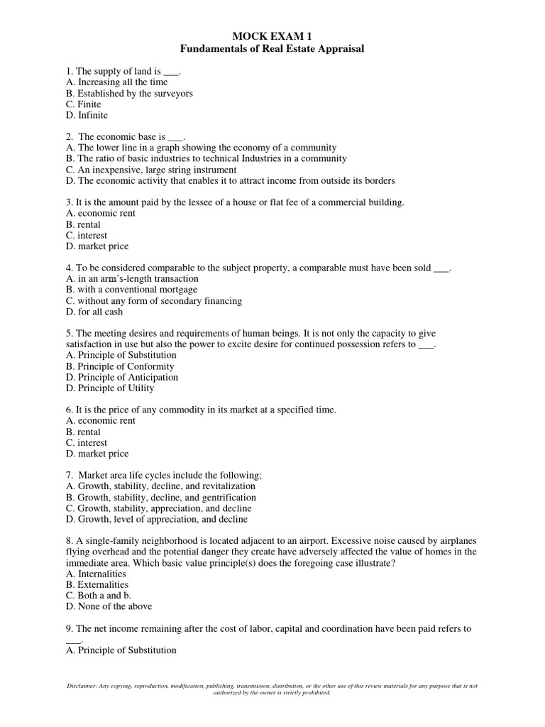 Mock Exam 1 Fundamentals of Real Estate Appraisal | PDF | Real Estate ...