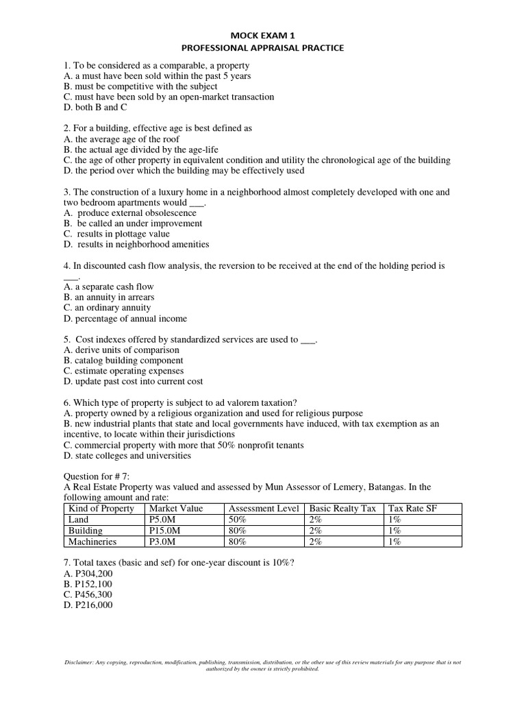 Mock Exam 1 Professional Appraisal Practice | PDF | Real Estate Appraisal | Market Value