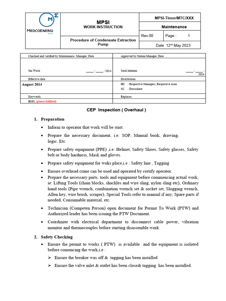Work Instruction Inspection CEP | PDF | Pump | Leak