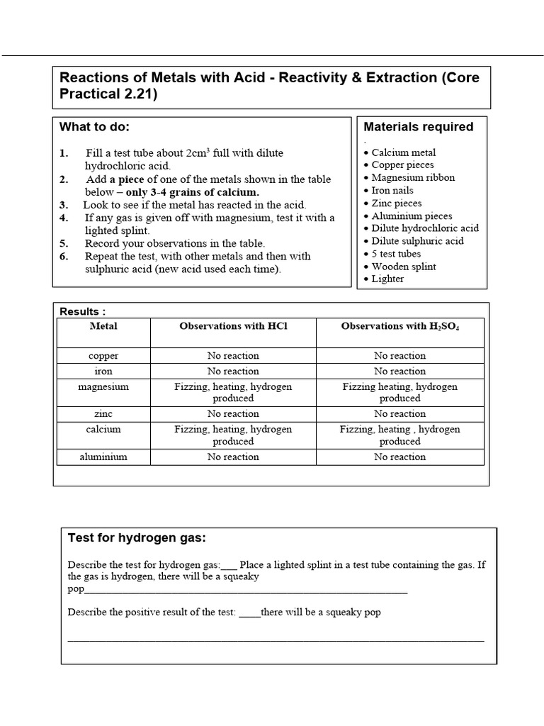 Metal-Acid Reaction Experiment Guide | PDF | Sulfuric Acid | Magnesium