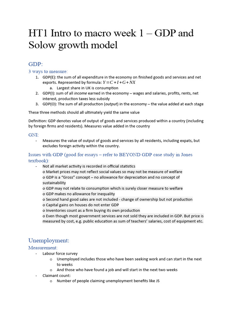 HT1 Intro To Macro Lecture 1 | PDF | Gross Domestic Product | Labour Economics