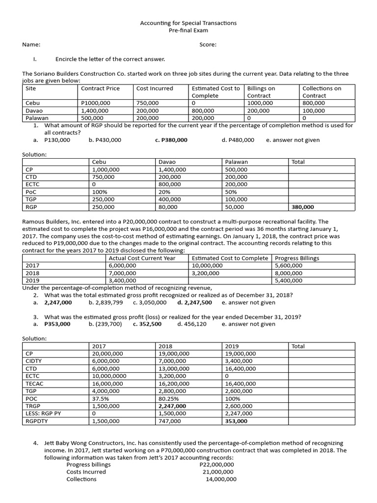 Percentage of Completion Method - Practice Material With Solution | PDF ...
