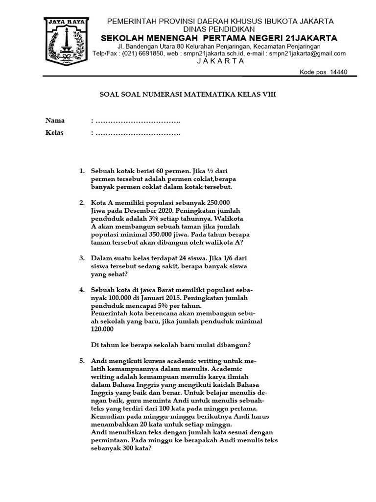 Soal Soal Numerasi Matematika Kelas Viii | PDF