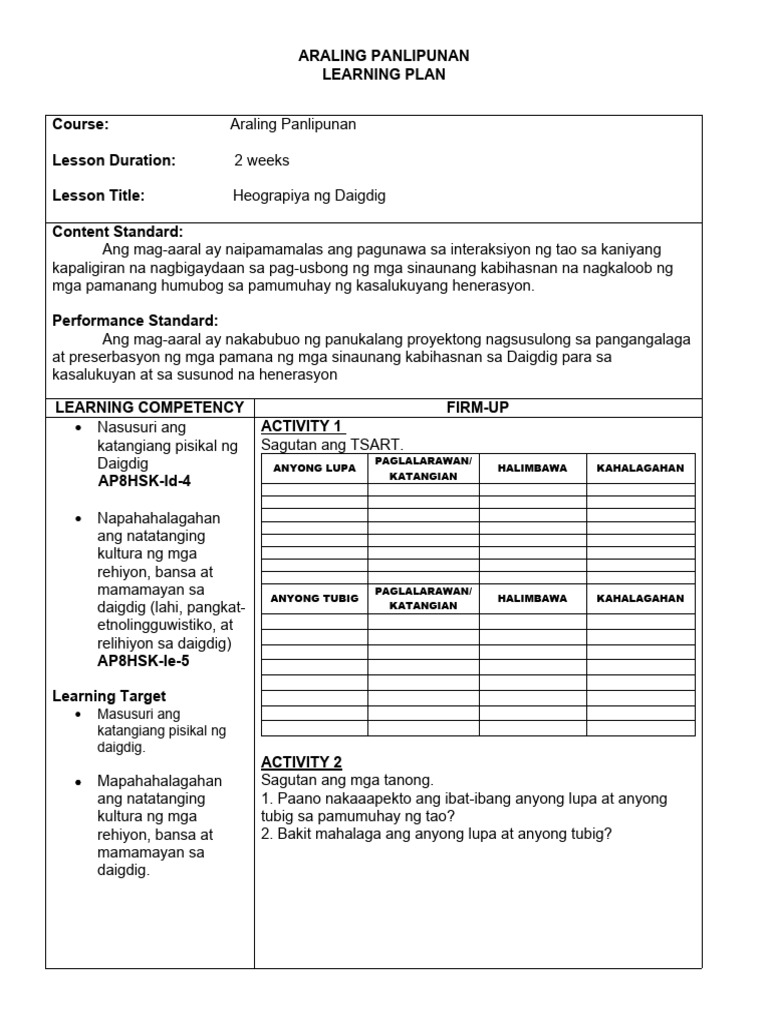 Aral. Pan. 8 Learning Plan | PDF