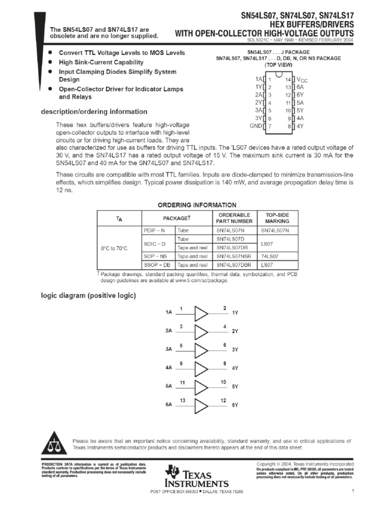 74LS07 PDF, 74LS07 Descripción, 74LS07 Hoja de Datos, 74LS07 Vista - ALLDATASHEET | PDF