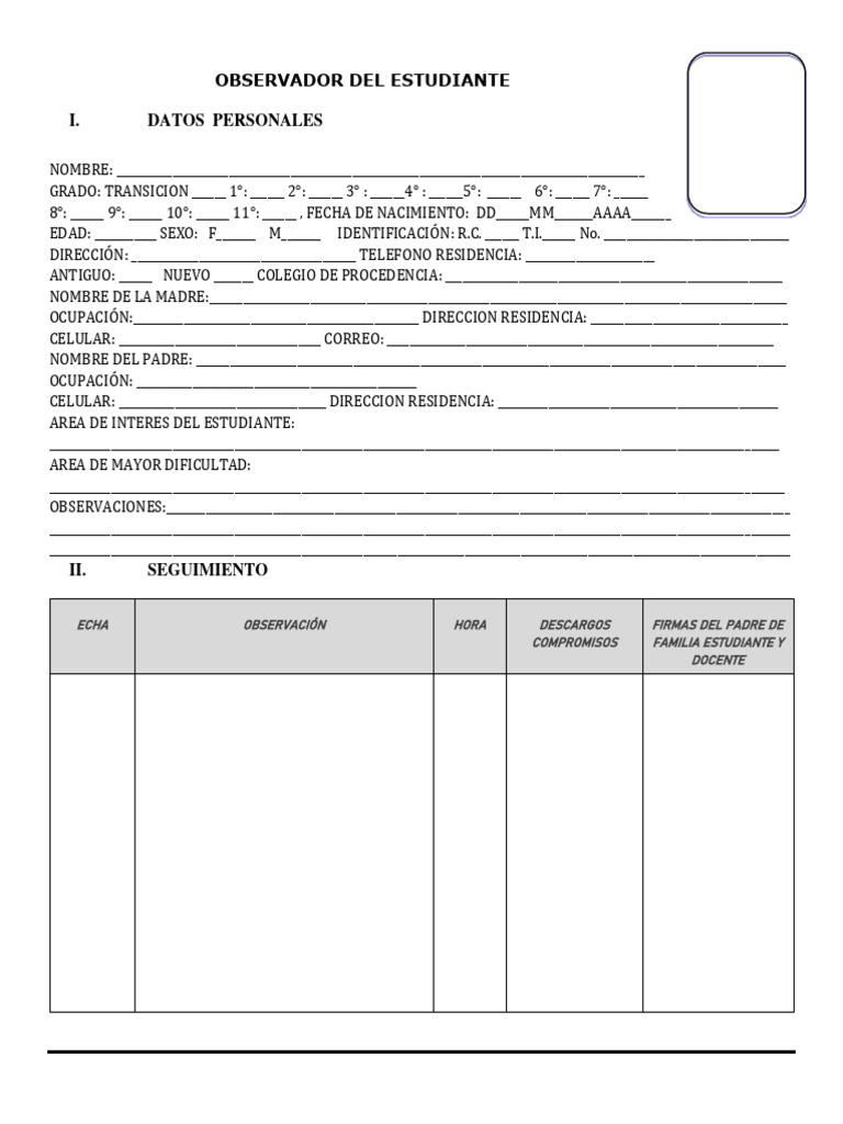 Hoja de Datos Personales Estudiante | PDF