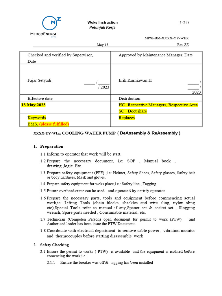 Mpi Wi Xxxx Work Instruction Inspection Cooling Water Pump Josua Pdf Pump 
