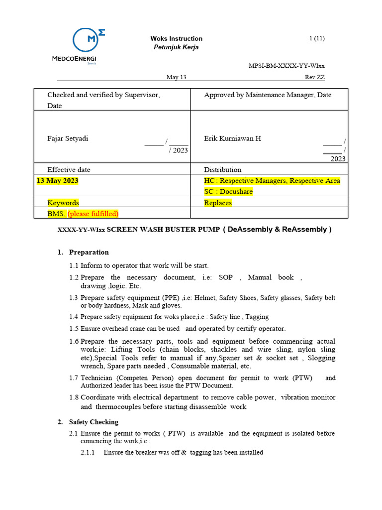 MPI-WI -XXXX - Work instruction inspection SCREEN WASH BOSTER PUMP ...