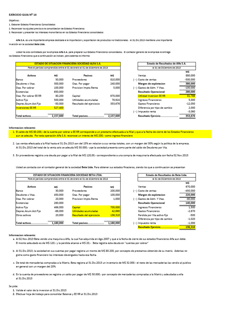 Ejercicio Guia #14 - Consolidacion Blce. y EE RR 10112023 | PDF | Finanzas y dinero