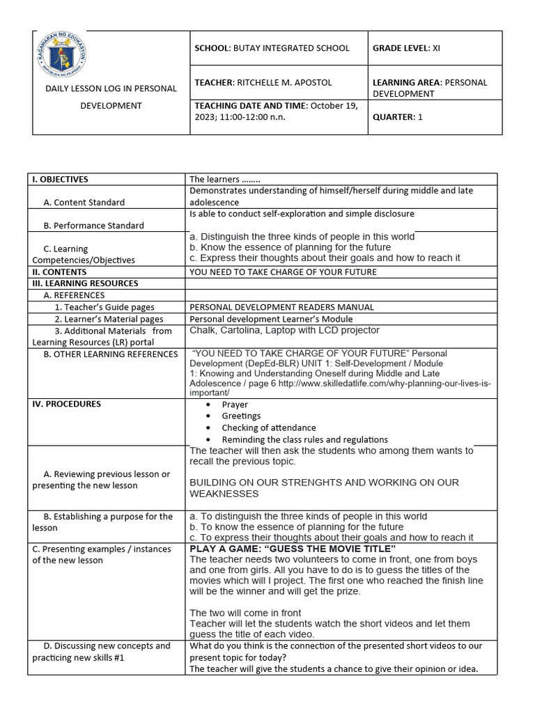 APOSTOL R., CO1 - Lesson Plan | PDF | Learning | Psychological Concepts