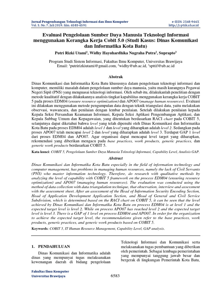 Evaluasi Pengelolaan Sumber Daya Manusia Teknologi Informasi Menggunakan Kerangka Kerja Cobit 5. ...