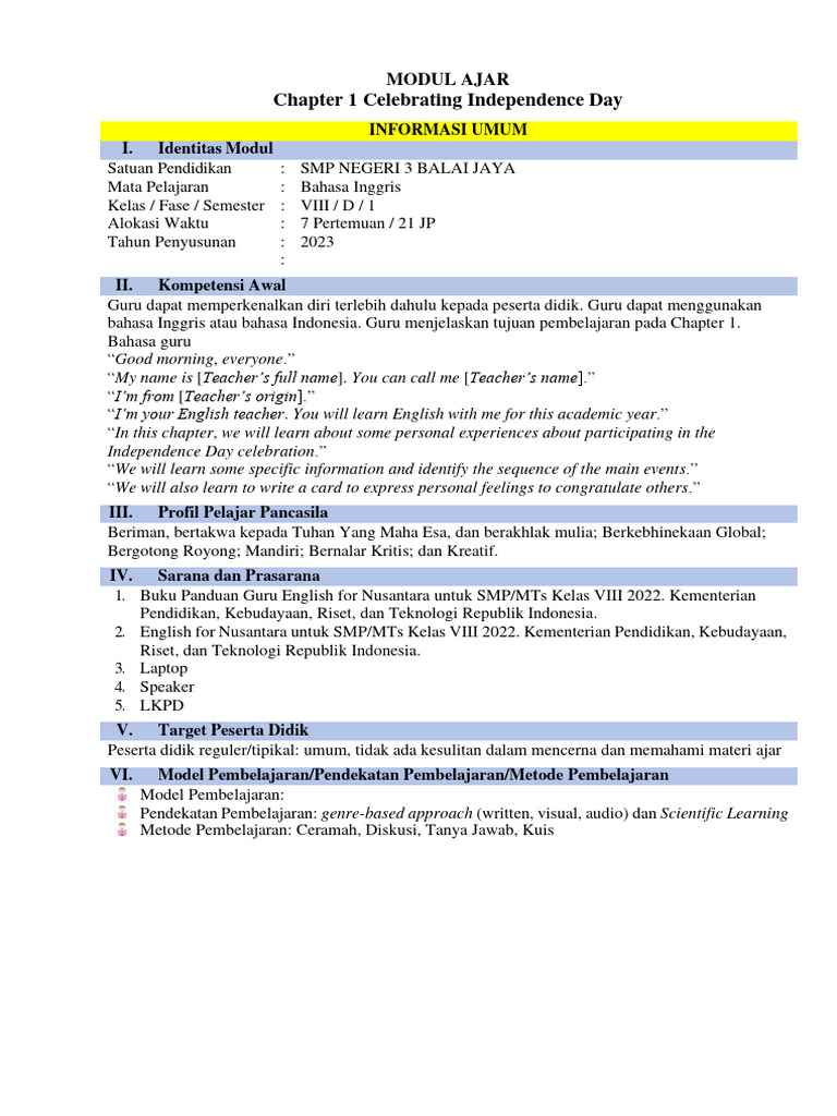 Modul Ajar Bahasa Inggris Fase D Kelas 8 Chapter 1 | PDF | Learning | Psychological Theories