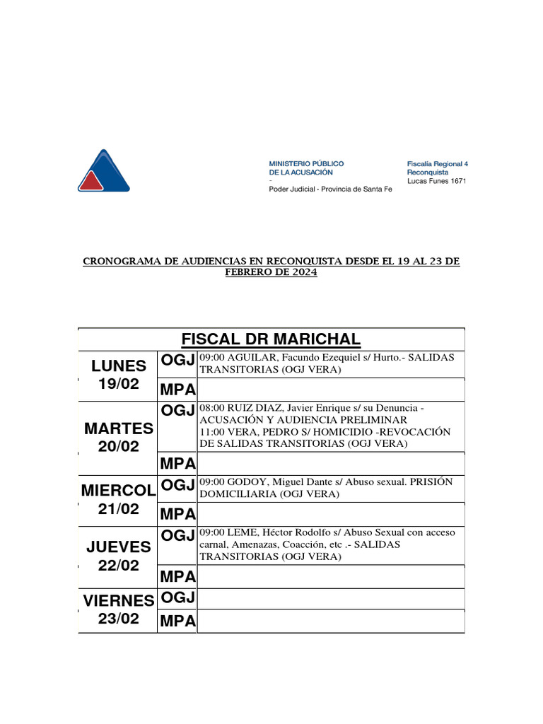 Cronograma de Audiencias en Reconquista Desde El 19 Al 23 de Febrero de ... Cronograma de Audiencias en Reconquista Desde El 19 Al 23 de Febrero de ...