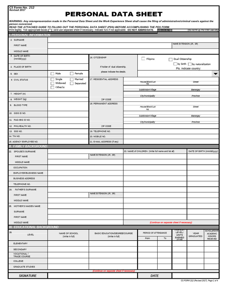 Personal Data Sheet CS Form No. 212 Revised 2017 | PDF | Justice ...