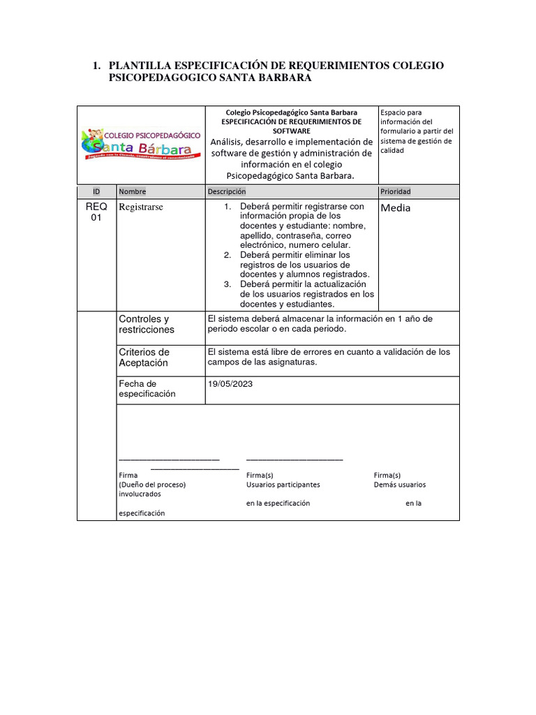 Plantilla Especificación de Requerimientos Colegio Psicopedagogico ... Plantilla Especificación de Requerimientos Colegio Psicopedagogico ...