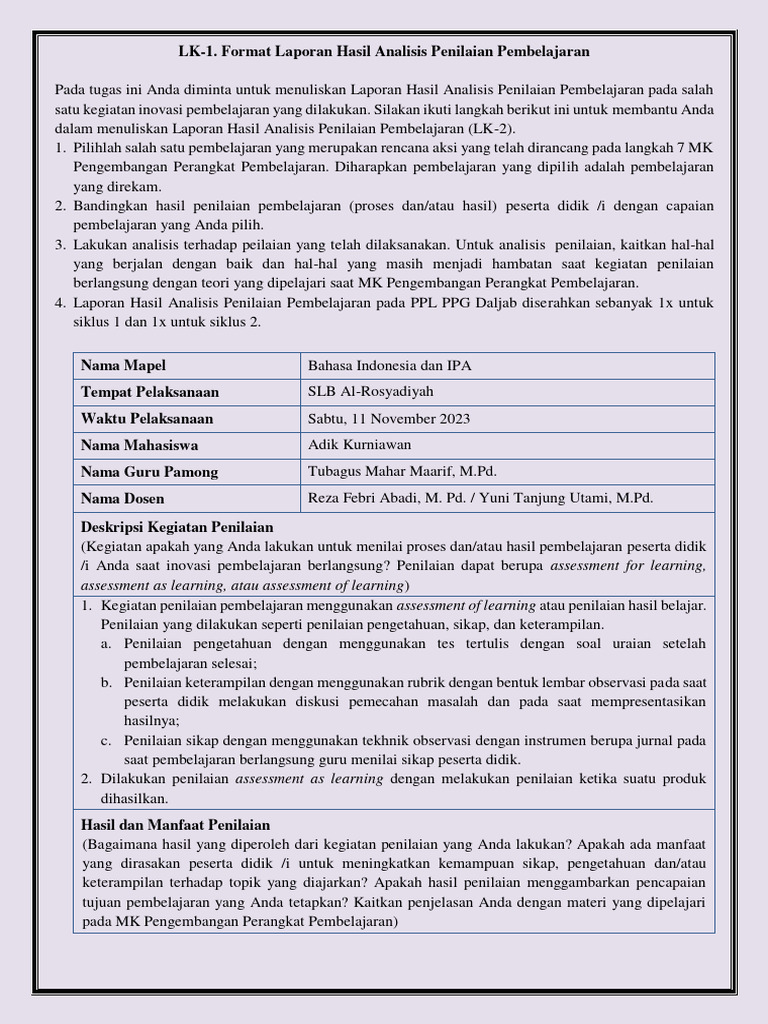 LK-1. Format Laporan Hasil Analisis Penilaian Pembelajaran | PDF