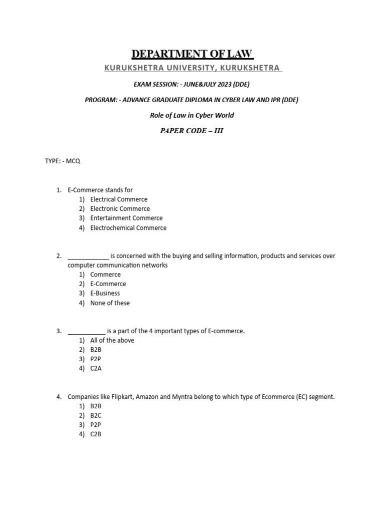 Role of Law in Cyber World MCQ | PDF | Cybercrime | Permanent Establishment