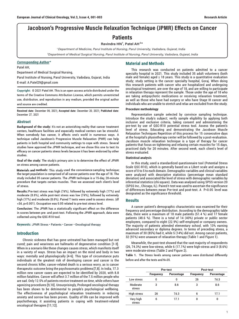 Jacobsons Progressive Muscle Relaxation Technique JPMR Effects On Cancer Patients | PDF ...