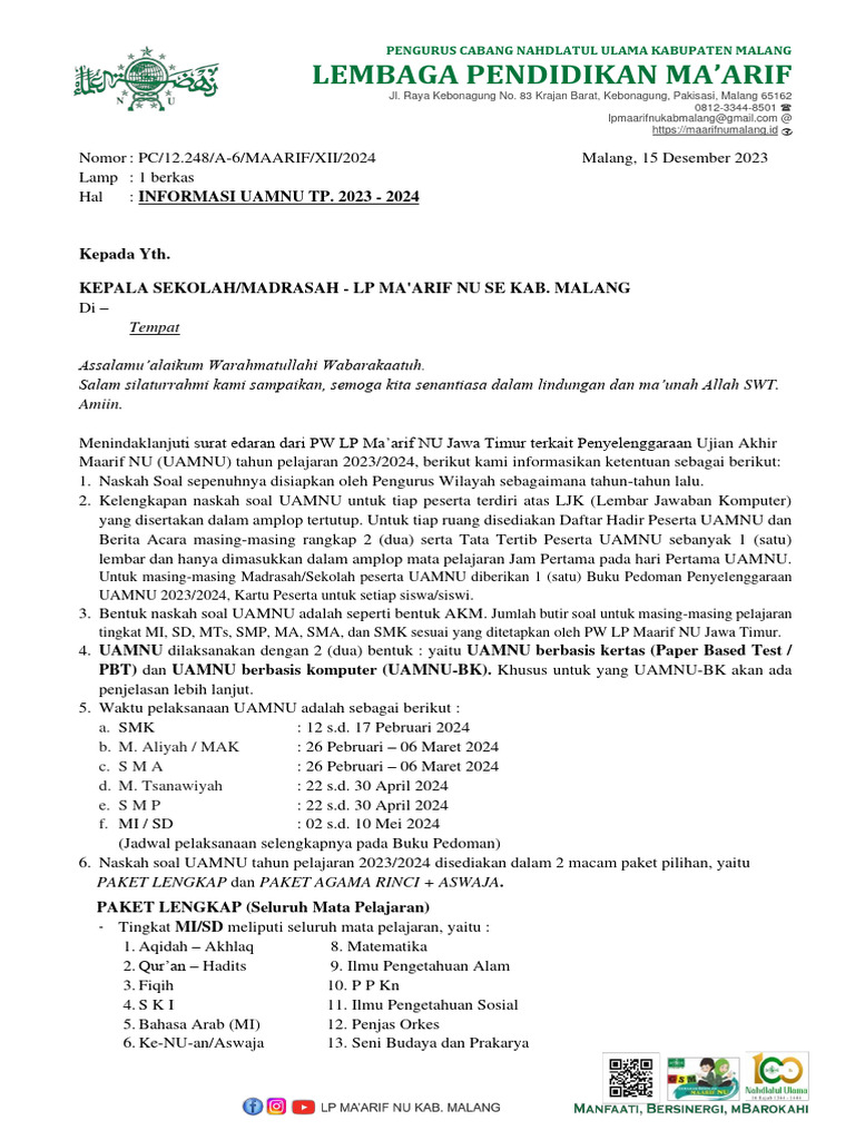 02.248 - Edaran Pelaksanaan UAMNU 2023-2024 | PDF | Sains & Matematika