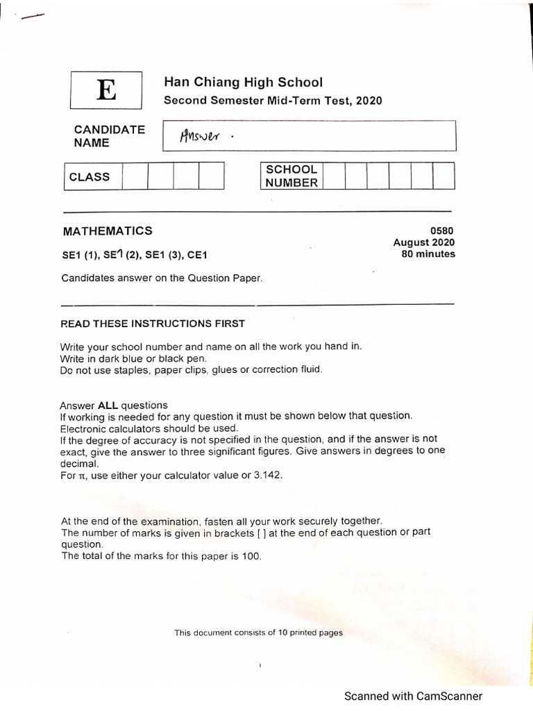 SE1CE1 Maths - 2nd Sem Mid Term 2020 - A | PDF