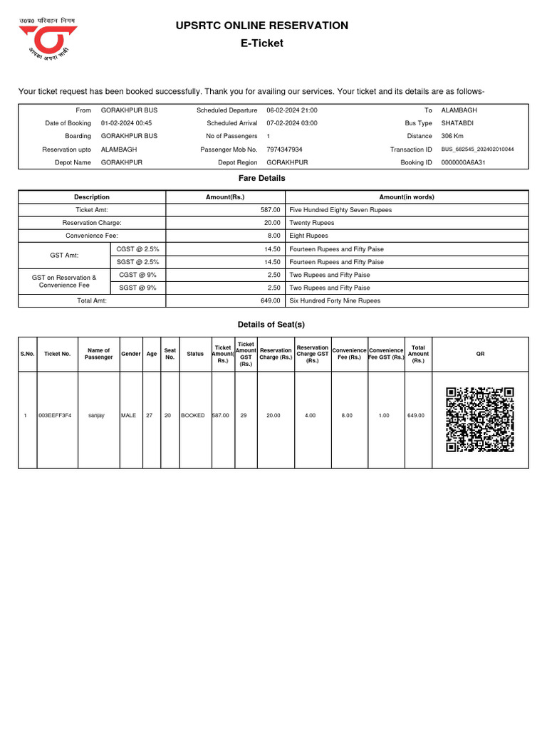 UPSRTC Online Ticket Confirmation | PDF | Bus | Transport