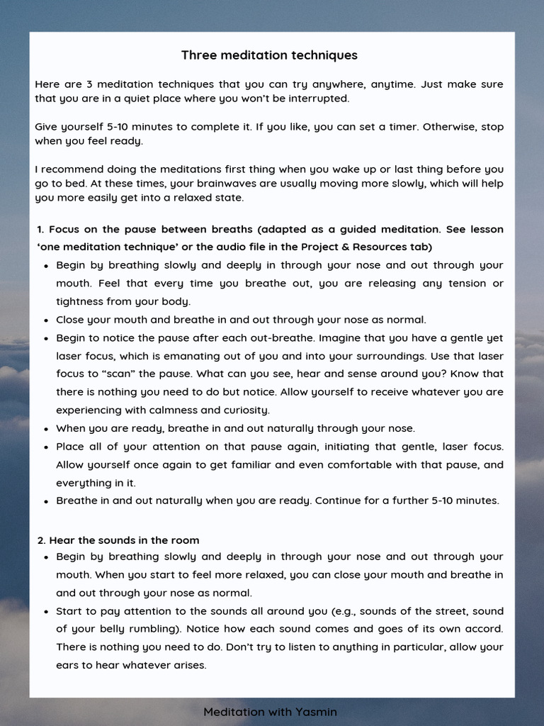 Three Meditation Techniques PDF | PDF | Meditation | Breathing