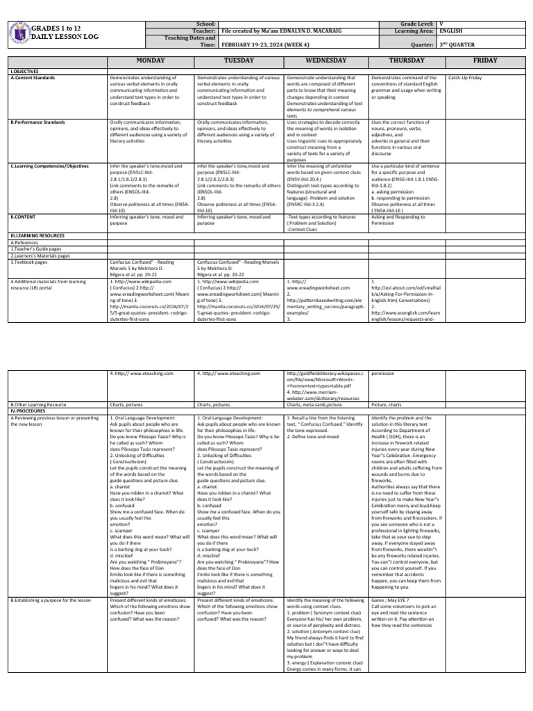 DLL - English 5 - Q3 - W4 | PDF | Fuels | English Language