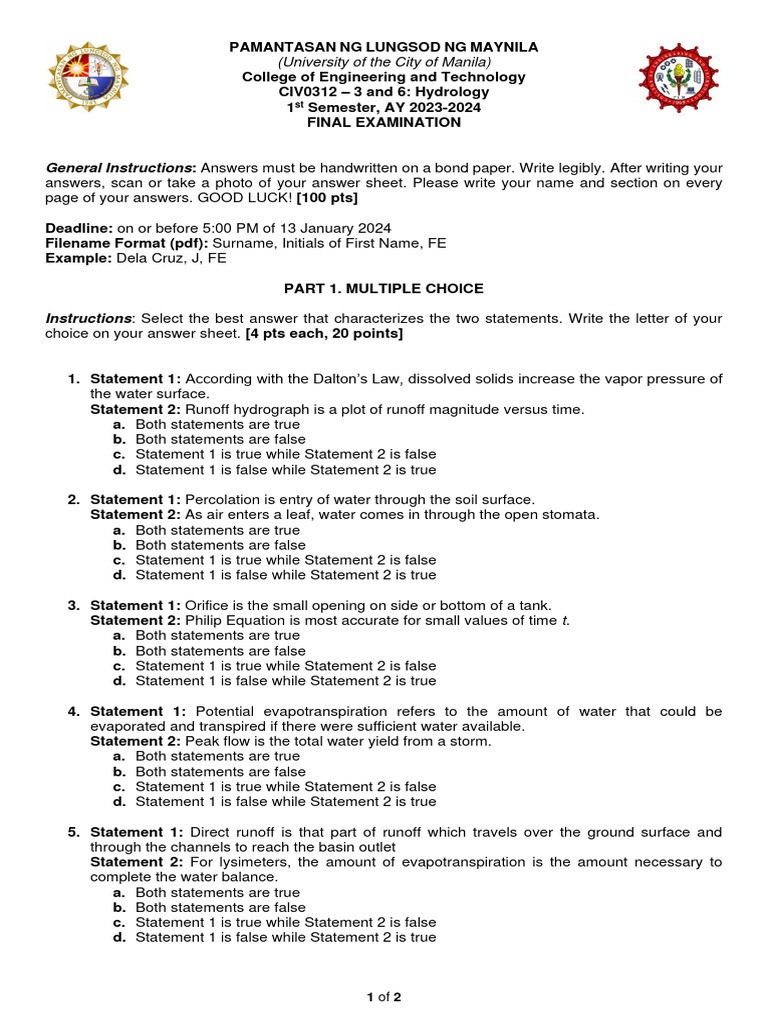 Hydrology - Final Examination (1S, 2023-2024) | PDF ...