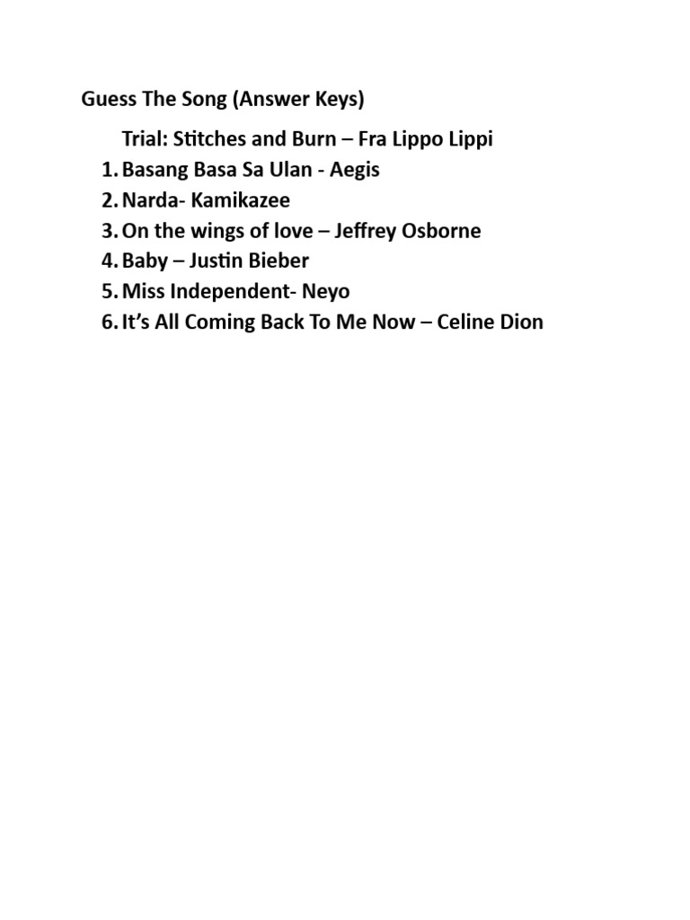 Guess The Song Answer Keys List | PDF | Language Arts & Discipline