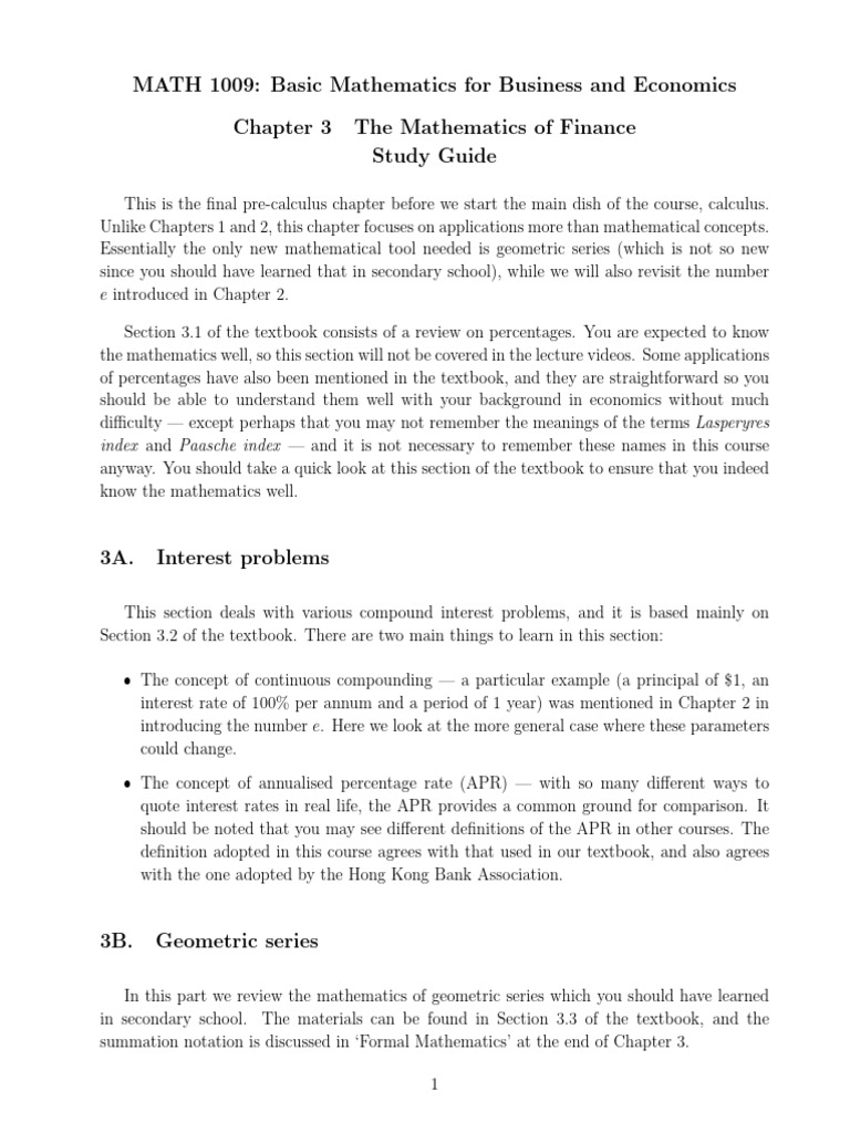 MATH 1009: Basic Mathematics For Business and Economics The Mathematics of Finance Study Guide ...