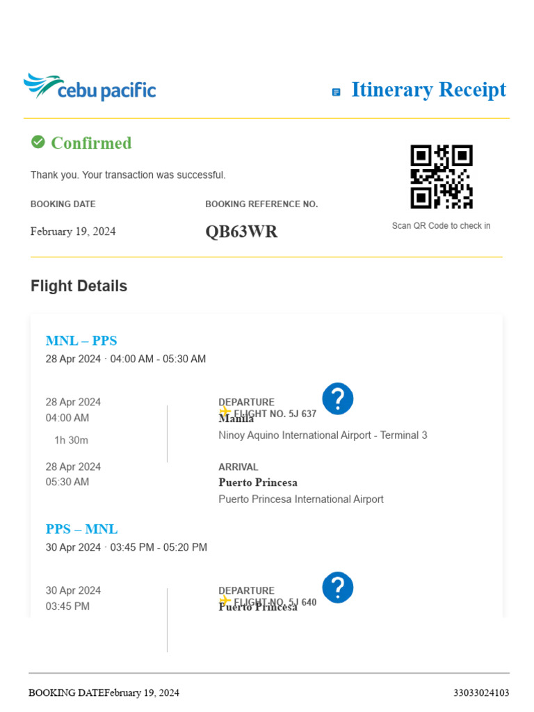 Cebu Pacific Flight Itinerary Receipt | PDF