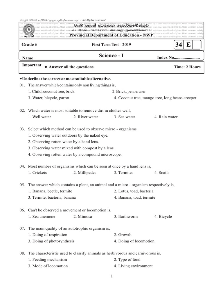Grade 6 Science Test Questions | PDF