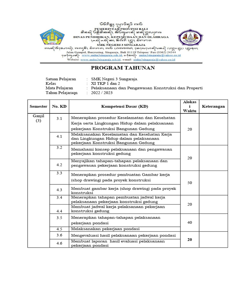 Program Tahunan Konstruksi SMK | PDF | Teknologi & Rekayasa