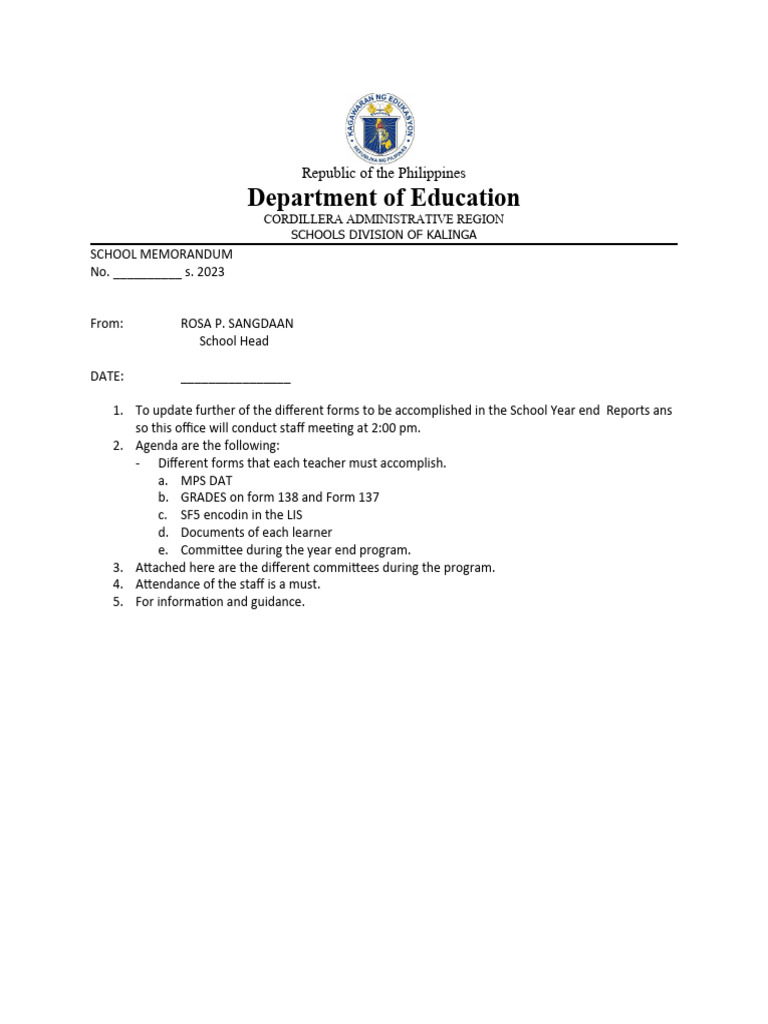 Staff Meeting Memo for Year-End Reports | PDF | Career & Growth