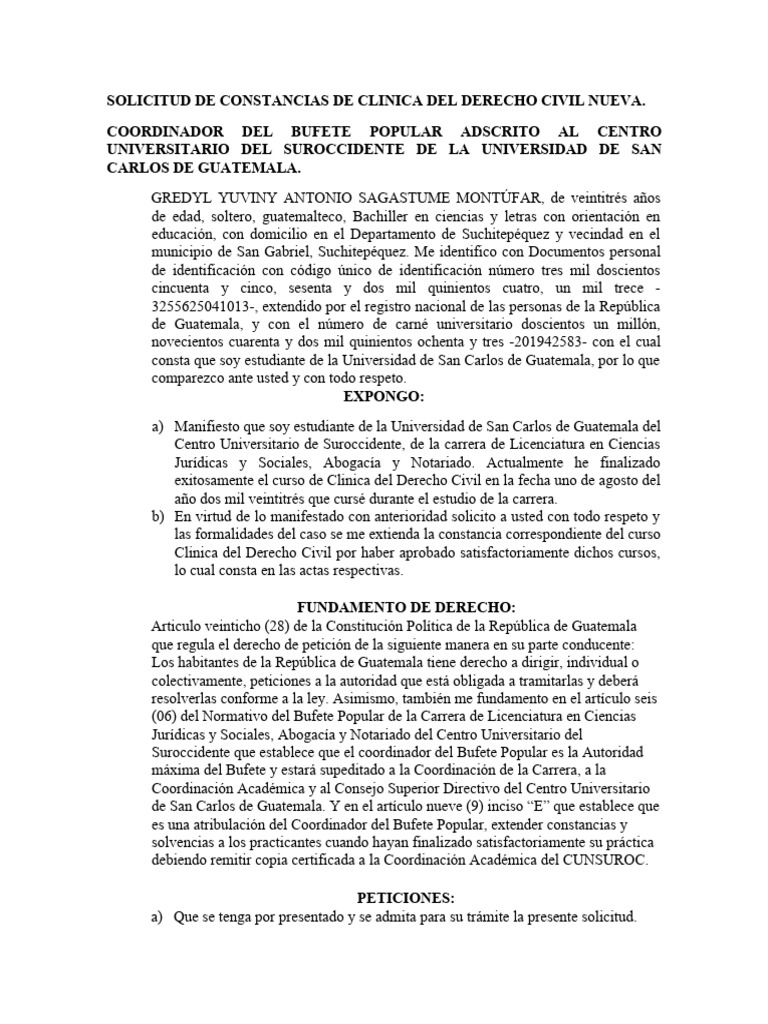 Solicitud de Constancia Clínica Derecho Civil | PDF | Guatemala | Justicia