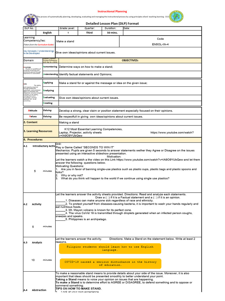 Grade 5 Lesson Plan: Making a Stand | PDF | Learning | Human Communication