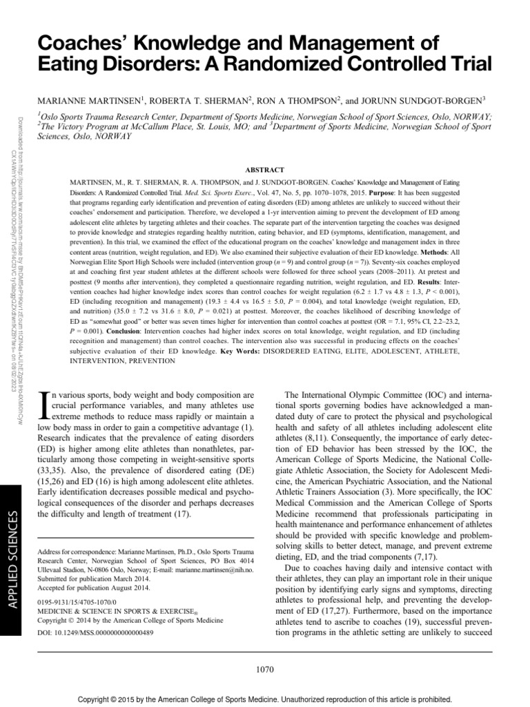 Coaches' Knowledge and Management of Eating Disorders A Randomized ...