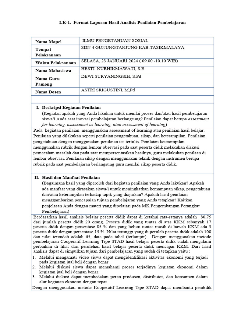 LK-1. Format Laporan Hasil Analisis Penilaian Pembelajaran - Hesti | PDF