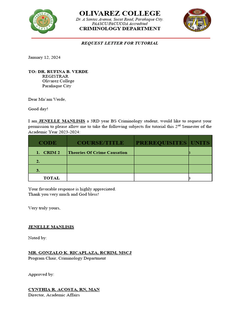 Tutorial Form Request Letter | PDF