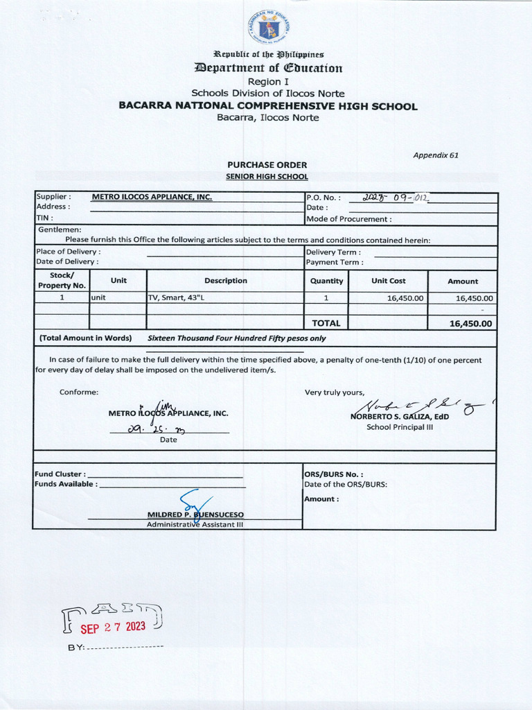 Batch 5 - BacarraNCHS (SHS) PO SEPT 2023 | PDF