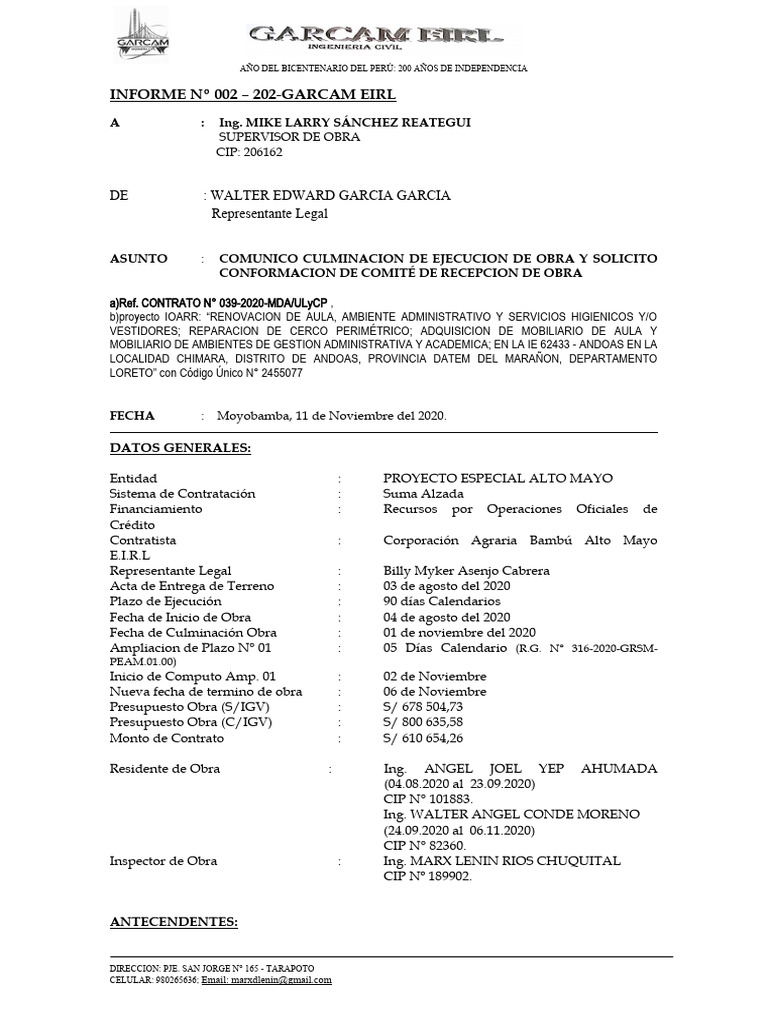 Informe #002-2021 Culminacion de Obra | PDF | Fundación (Ingeniería) | Hormigón