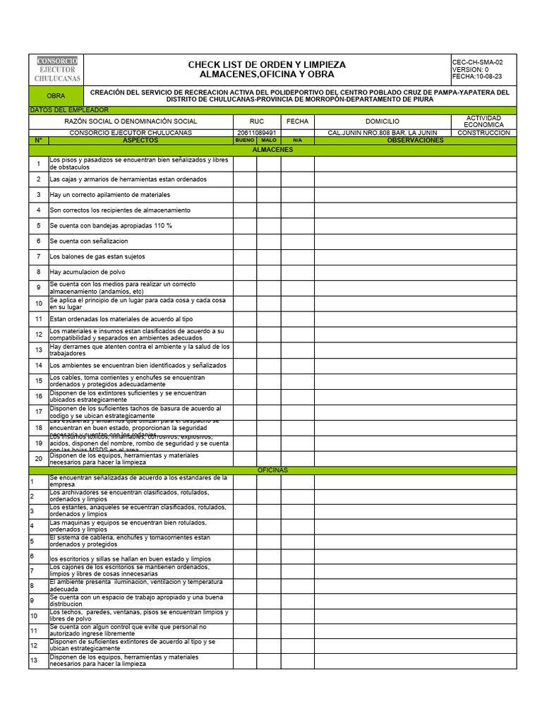 Check List de Orden y Limpieza en Almacenes | PDF